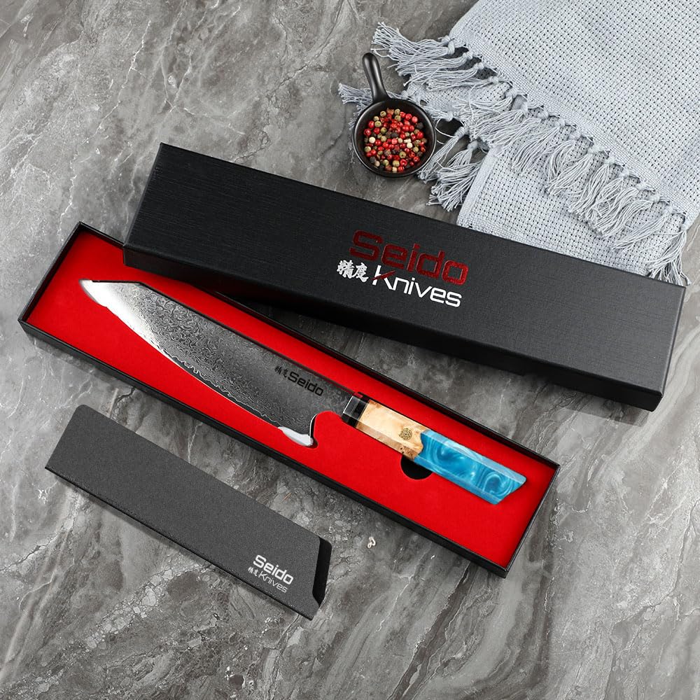 Seido Knives Kiritsuke Damascus Steel Chef Knife Epoxy Resin Stabilized Wood Handle Professional Kitchen Knife VG10 High Carbon Stainless Steel, Sky Blue