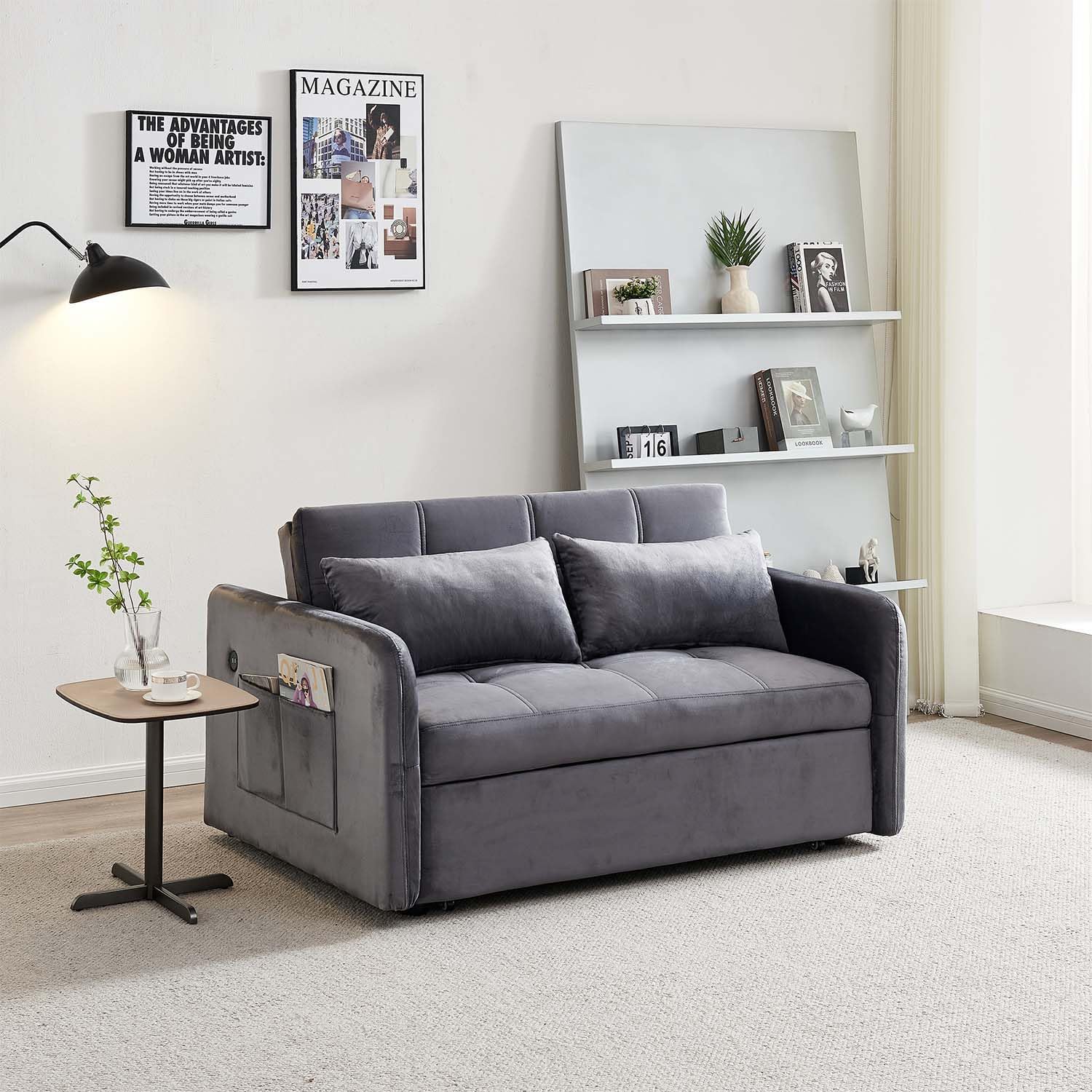 JEEOHEY Sleeper Sofa Couch,55.5" Modern 3-in-1 Tufted Velvet Convertible Pull Out Couch with USB, Adjustable Backrest Small Futon Loveseat Sofa Bed for Small Space Livingroom Apartment Office,Grey