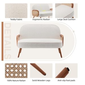 WENTMENT Loveseat Sofa Small Couch for Living Room Teddy Love Seat with Natural Rattan Armrest and Solid Wooden Legs Small Sofa for Small Space, Bedroom, Apartment（White）