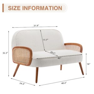 WENTMENT Loveseat Sofa Small Couch for Living Room Teddy Love Seat with Natural Rattan Armrest and Solid Wooden Legs Small Sofa for Small Space, Bedroom, Apartment（White）