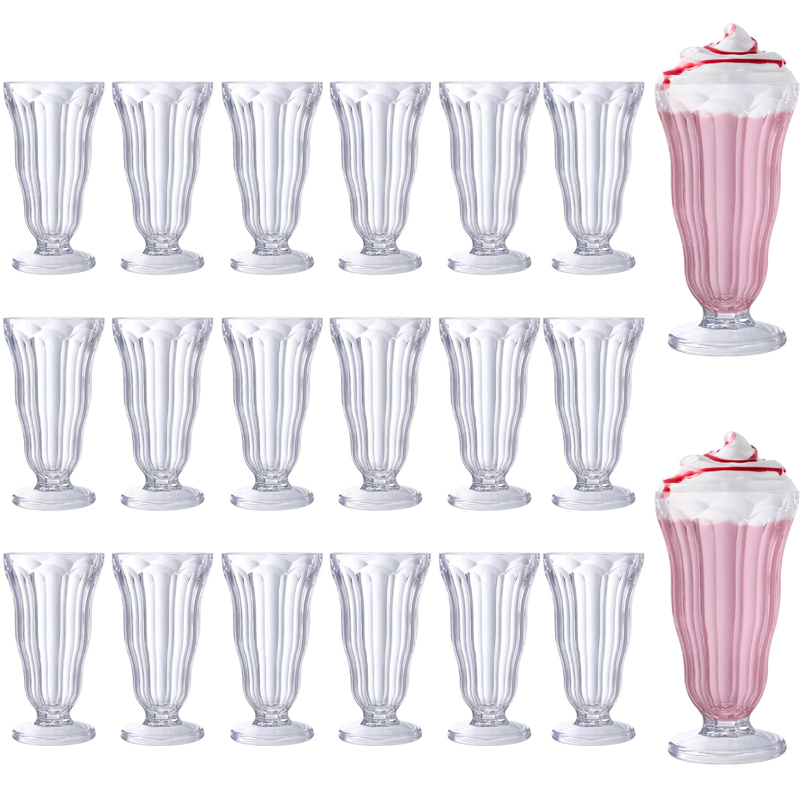 Mifoci 20 Pcs Milkshake Glasses 16 oz Old Fashioned Soda Glass Footed Ice Cream Cups Clear Shatterproof Sundae Glasses Thick Plastic Fountain Glasses for Juice Sundae Milk Tropical Drinks Party