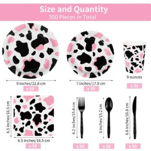 durony 350 Pieces Pink Cow Print Party Tableware Set Including Cowgirl Pink Cow Party Plates Cups Napkins Knives Forks Spoons Serves 50 for Baby Shower Farm Cow Party Decorations