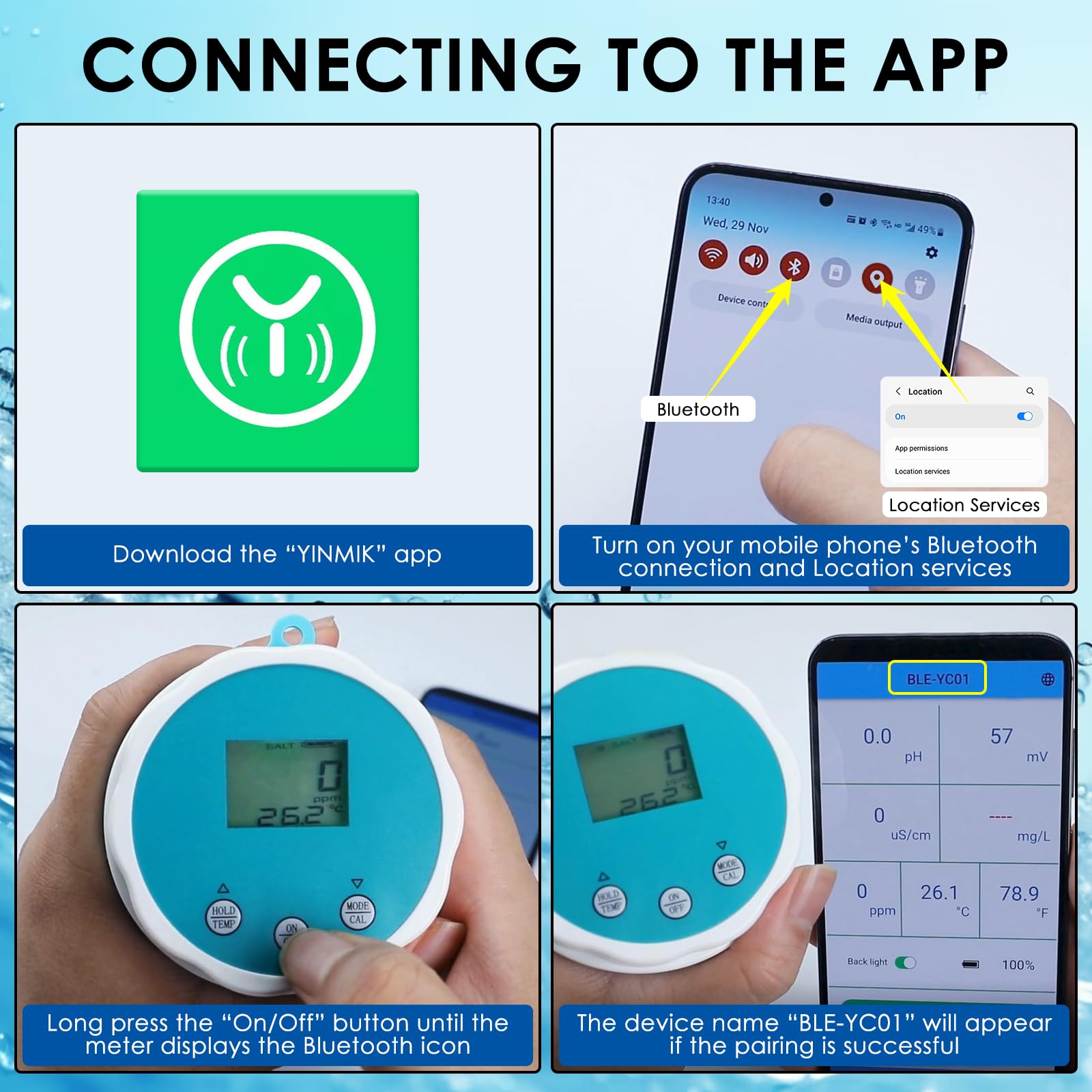 Smart Water Quality Tester: 6-in-1 Bluetooth Floating Monitor for Pools, Spas, and Hydroponics - pH, EC, ORP, Chlorine, Salinity, and Temperature Measurement