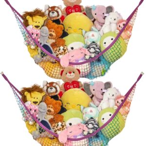 Lilly's Love Large Stuffed Animal Hammock | Corner Hanging Organizer, Stuffed Animal Storage | Easy to Hang Plushie Net w/Included Anchors & Hooks | Cute Room & Bedroom Decor (Rainbow, 2 Pack)