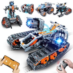 hogokids 5 in 1 stem building set with led light - app & remote controlled cars building toys kit, rc robot tank sleigh tracked racer 604 pcs, toy gifts for kids boys girls ages 6 7 8 9 10 11 12+ year