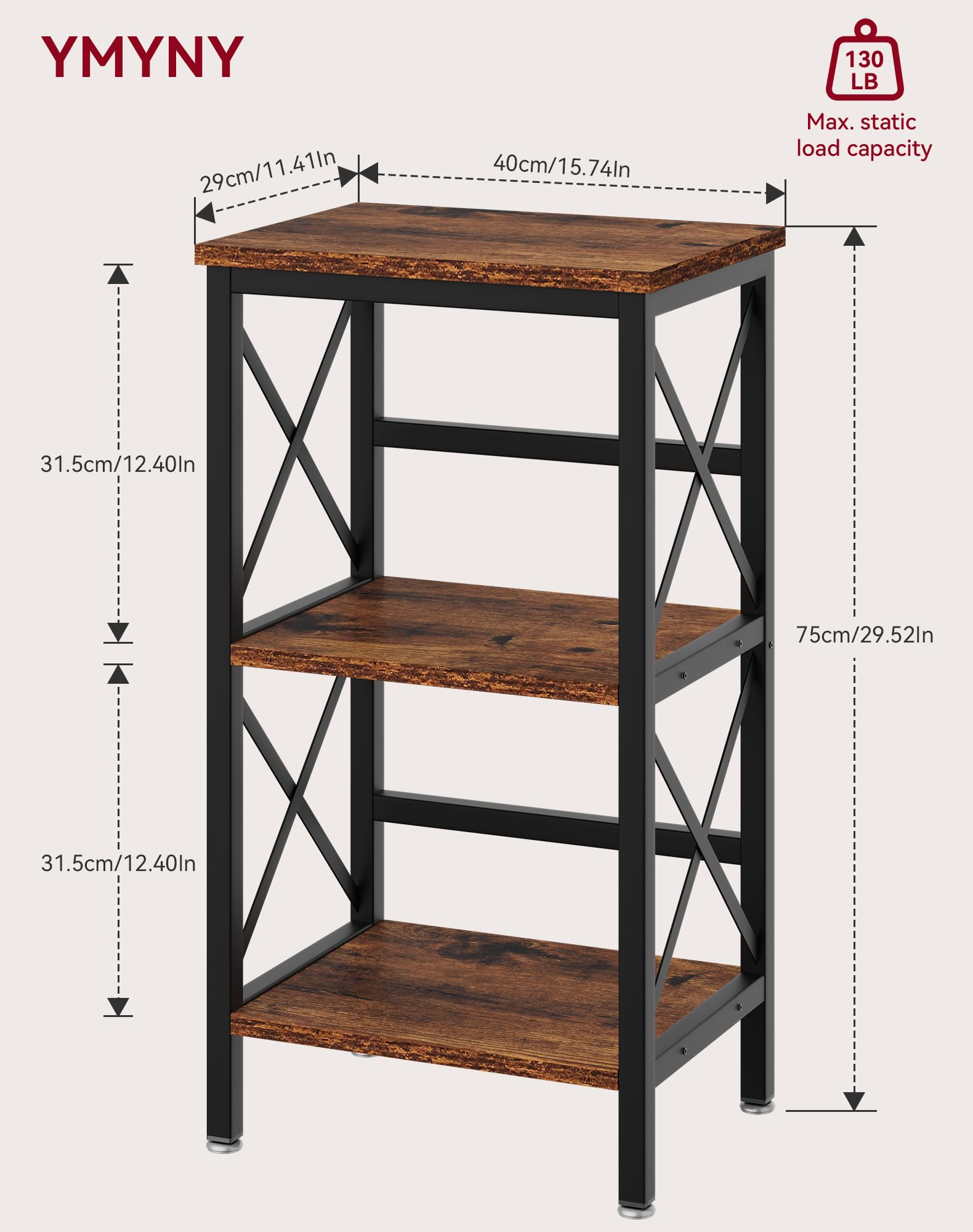 YMYNY 3 Tiers Bookcase, Industrial Metal Bookshelf with Side Fence, Storage Organizer for Living Room, Home Office, Bedroom, Display Racks, Sofa Side Table, Rustic Brown, 29.5*15.75*11.4" UHST008H