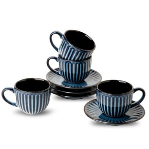 hasense 4 oz espresso cups with saucers set of 4, ribbed cappuccino cups ceramic for coffee,espresso,double shot,latte and macchiato, demitasse cups set aesthetic gift, blue