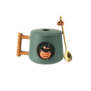 dihoclub adorable 3d ceramic pumpkin head mug with lid and spoon - perfect for coffee, tea, milk, and more - ideal gift for halloween - 14 ounces (halloweeng)