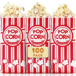 alitte paper popcorn bags (100-pack) 2 oz individual servings - leakproof bottom, holds 4 cups of popcorn - classic red and white stripes, for movie night, carnival, party, theater, and snack bars