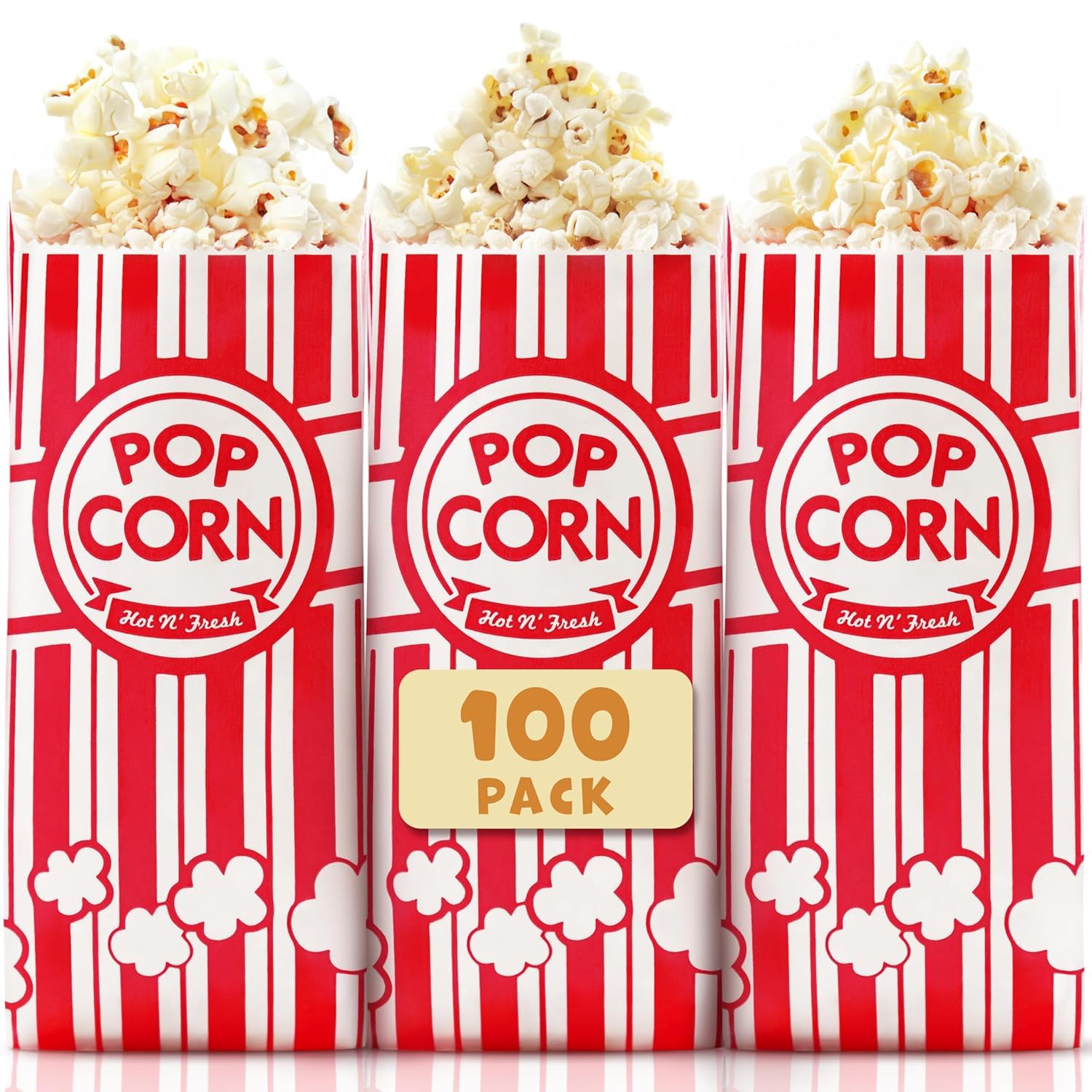 Alitte Paper Popcorn Bags (100-Pack) 1 oz Individual Servings - Leakproof Bottom, Holds 4 Cups of Popcorn - Classic Red and White Stripes, for Movie Night, Carnival, Party, Theater, and Snack Bars