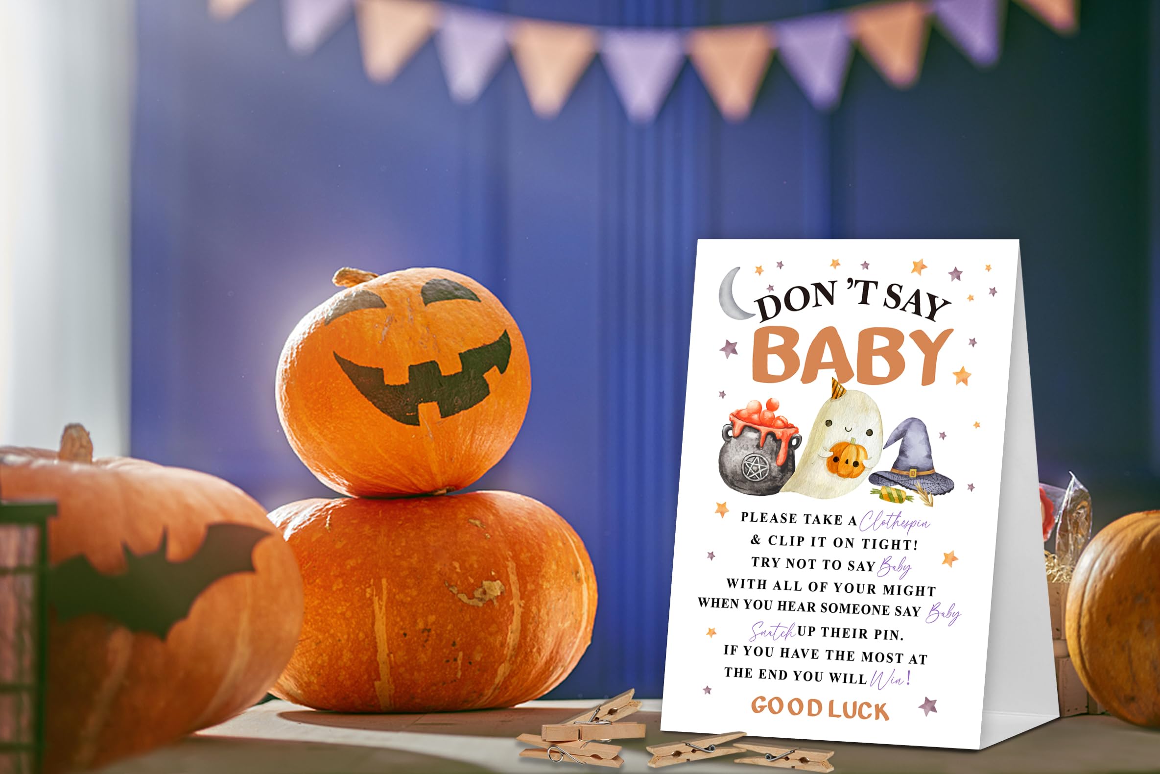 Don't Say Baby Game, Ghost Witch Pumpkin Halloween Baby Shower Game Include Baby Shower Sign and 50 Pcs Mini Clothespins, Gender Neutral Baby Shower Decoration, Party Favors Supplies-LF4