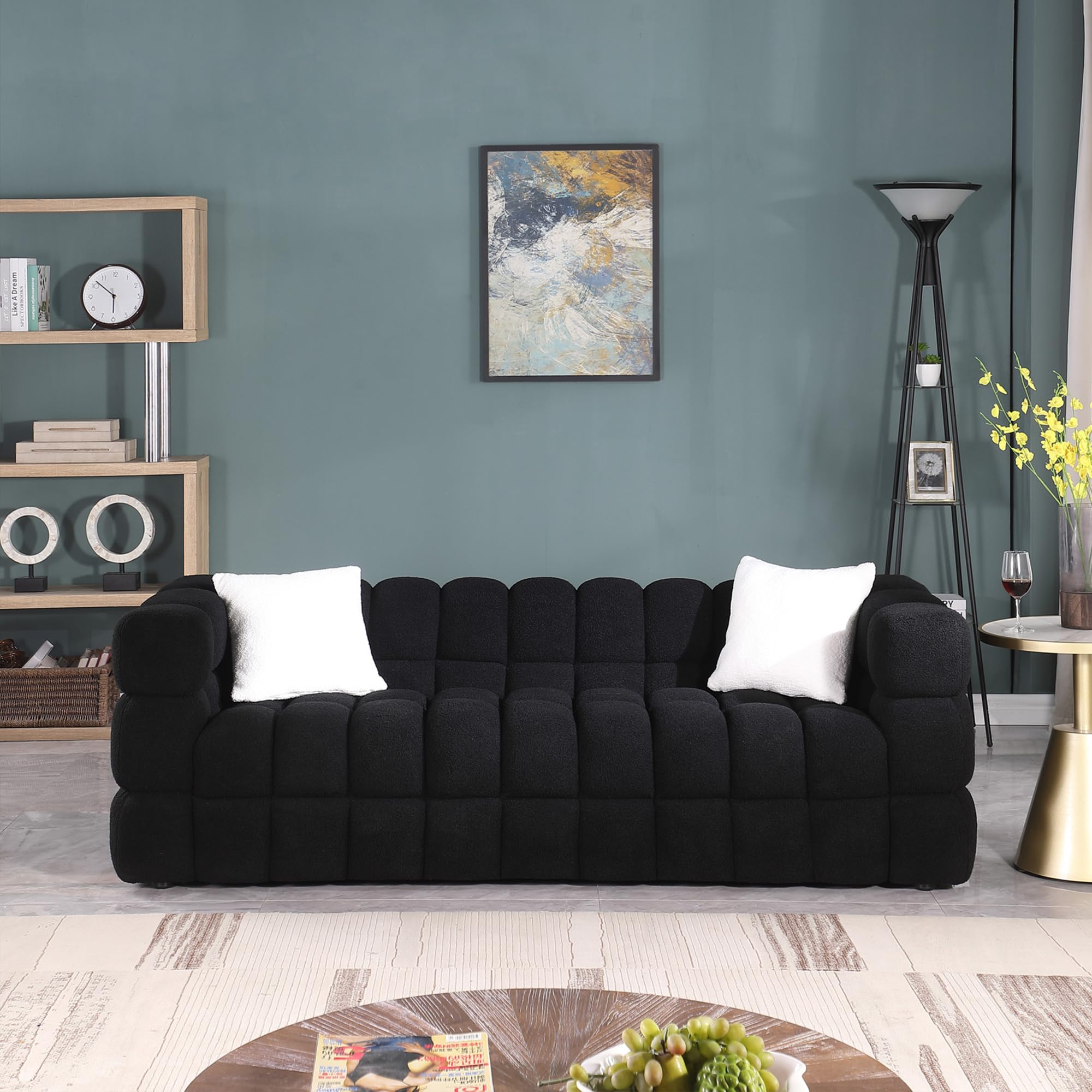 GNIXUU Modern Cloud Sofa Large Couch, 3-Seater Couch and Loveseat Sofa, Marshmallow Boucle Fabric Couches with Plastic Legs, 4 Pillows for Living Room, Office, 84/62 Inch Wide(Black)