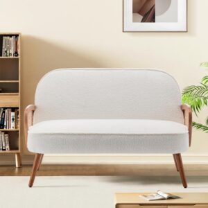 WENTMENT Loveseat Sofa Small Couch for Living Room Teddy Love Seat with Natural Rattan Armrest and Solid Wooden Legs Small Sofa for Small Space, Bedroom, Apartment（White）