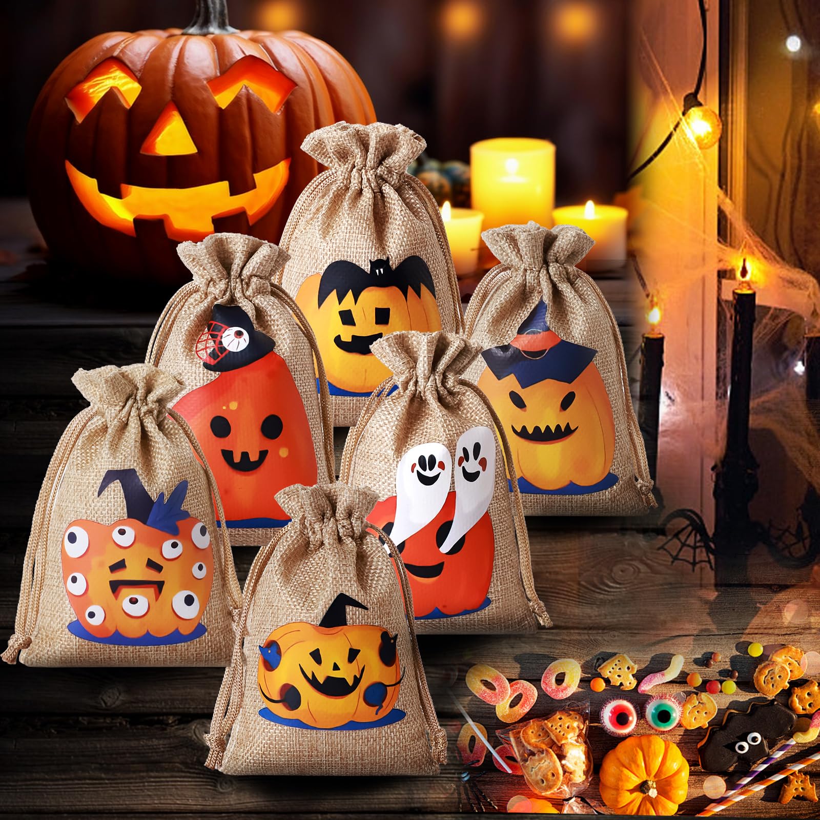 WenTao Halloween Burlap Gift Bags with Drawstrings, 24PCS Candy Pouch Halloween Treat Bags with Different Designs