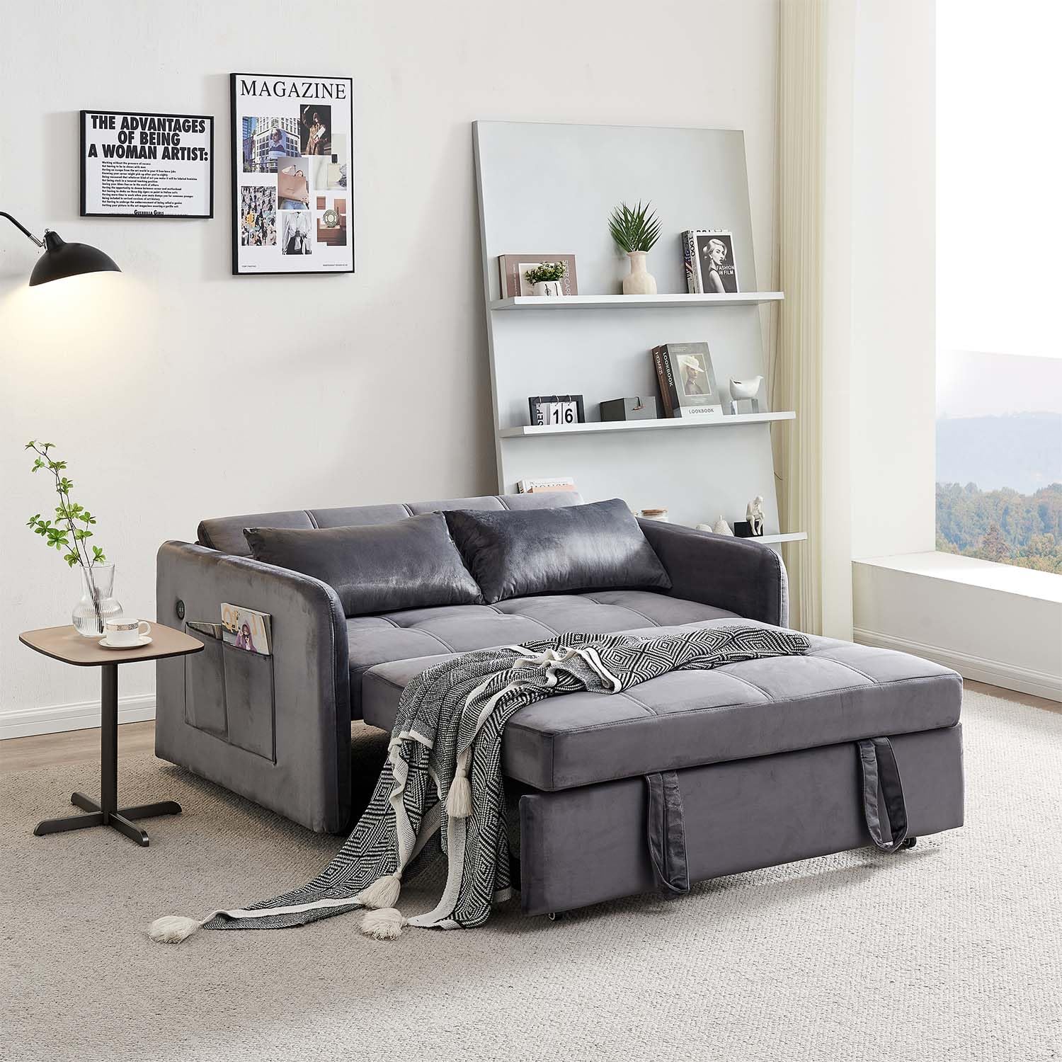 JEEOHEY Sleeper Sofa Couch,55.5" Modern 3-in-1 Tufted Velvet Convertible Pull Out Couch with USB, Adjustable Backrest Small Futon Loveseat Sofa Bed for Small Space Livingroom Apartment Office,Grey