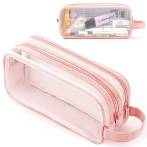 large grid mesh pencil case 2 compartments, clear pen pencil pouch with zipper, multifunction transparent stationery bag for student college office teen boys girls makeup bag for adults travel (pink)