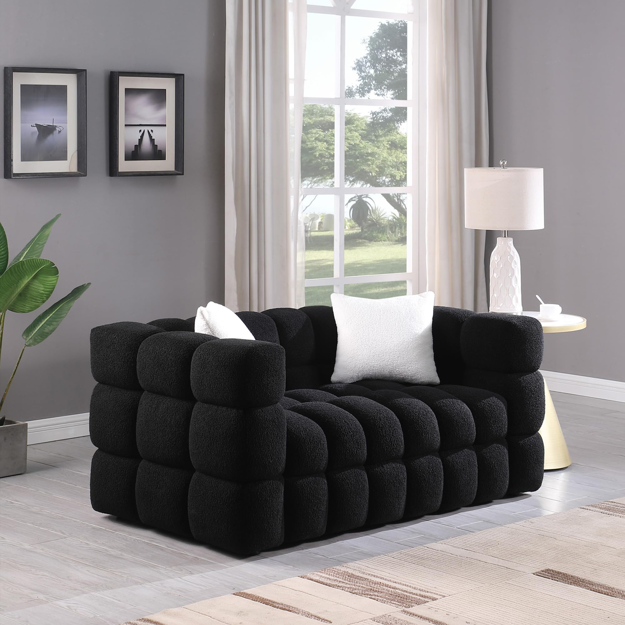 GNIXUU Modern Cloud Sofa Large Couch, 3-Seater Couch and Loveseat Sofa, Marshmallow Boucle Fabric Couches with Plastic Legs, 4 Pillows for Living Room, Office, 84/62 Inch Wide(Black)