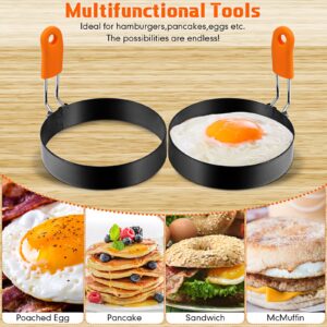 Patelai 12 Pcs 3.6 Inch Griddle Egg Ring for Frying Eggs with Orange Silicone Handle Stainless Steel Egg Circles for Cooking for Breakfast Pancake Omelette Sandwich