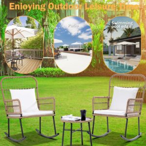 3-Pieces Patio Outdoor Rocking Chairs Set,Beige Wicker Patio Furniture Set Rattan Woven Blacony Furniture Set for Outdoor Indoor with Washable White Cushions and Glass Coffee Table