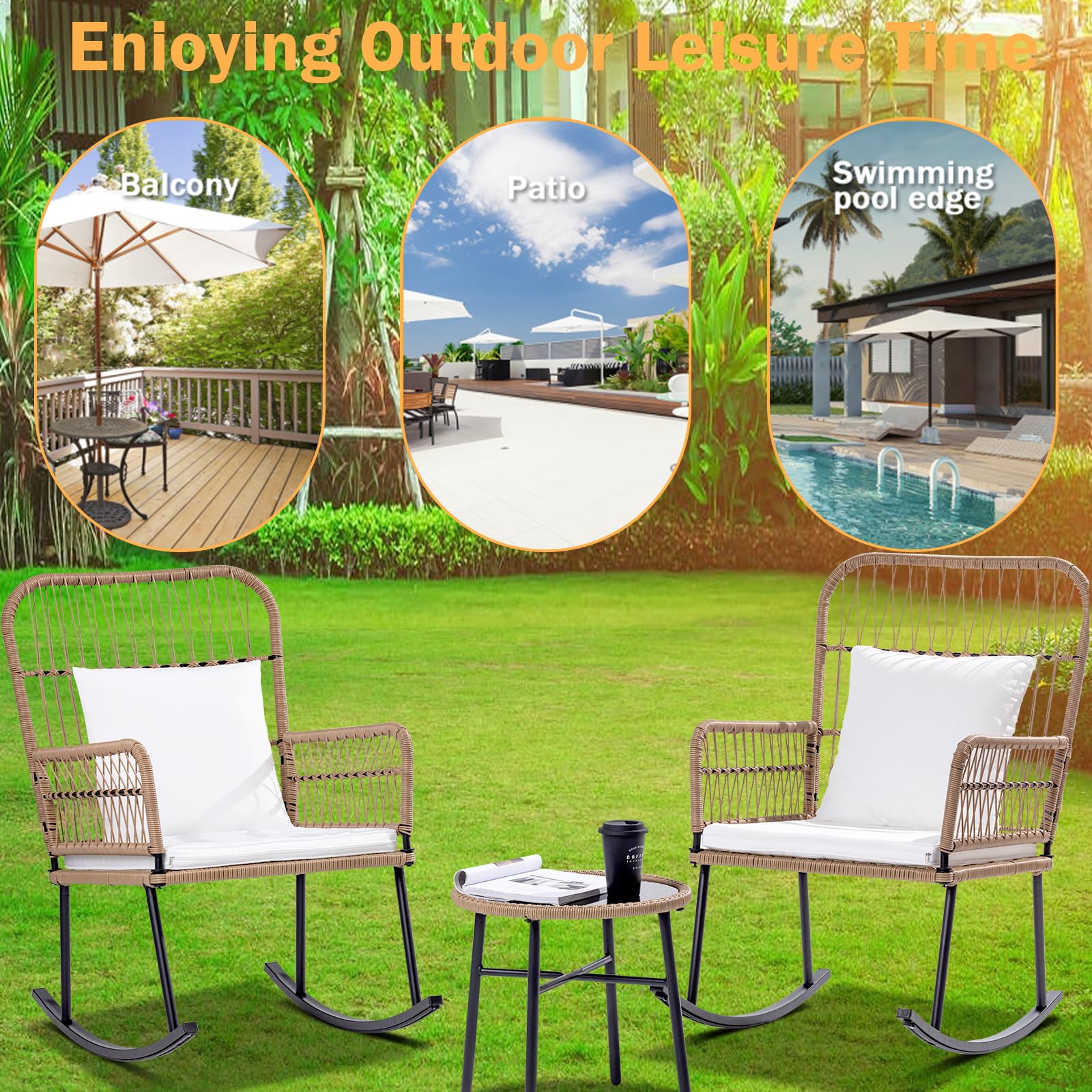 3-Pieces Patio Outdoor Rocking Chairs Set,Beige Wicker Patio Furniture Set Rattan Woven Blacony Furniture Set for Outdoor Indoor with Washable White Cushions and Glass Coffee Table