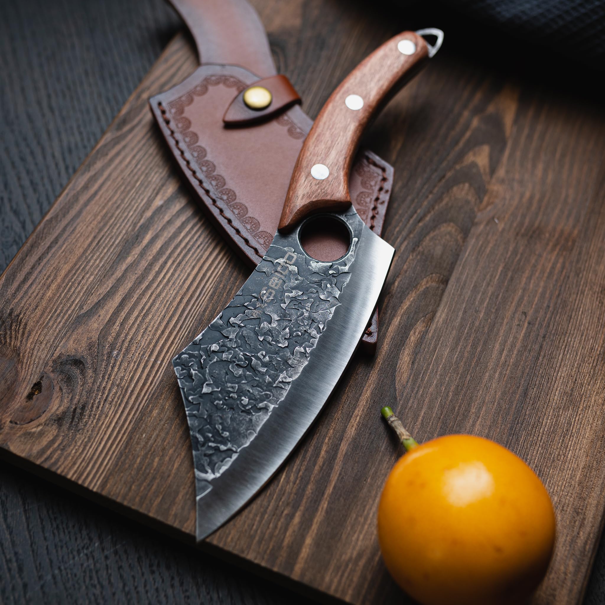 Seido Knives Hakai Chef Cleaver Knife with Curve Rosewood Handle and Premium Leather Sheath - Artisan Crafted High Carbon Stainless Steel for Kitchen, Camping, and BBQ