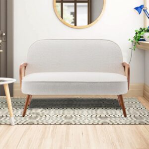 WENTMENT Loveseat Sofa Small Couch for Living Room Teddy Love Seat with Natural Rattan Armrest and Solid Wooden Legs Small Sofa for Small Space, Bedroom, Apartment（White）