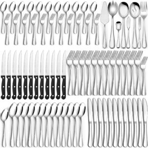 80 pieces silverware set with serving utensils set, cekee stainless steel flatware set for 12 with steak knives, heavy duty cutlery set, kitchen utensil sets for home restaurant, dishwasher safe