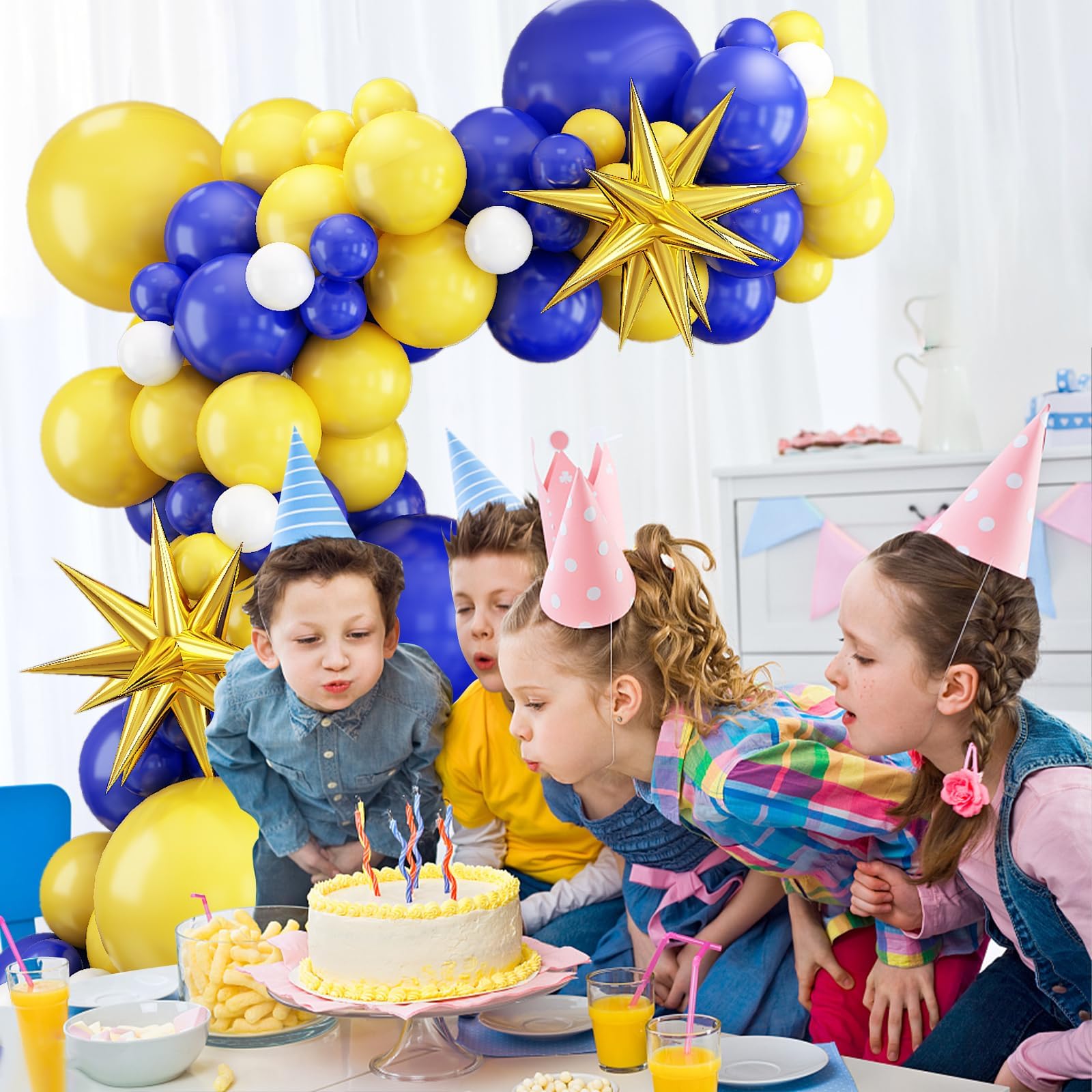 Blue and Yellow Balloon Arch Kit, Royal Blue White Yellow Balloon Garland Kit Latex Baloons with 4D Foil Star Balloons for Baby Shower Anniversary Birthday Wedding Graduation Office Party DIY