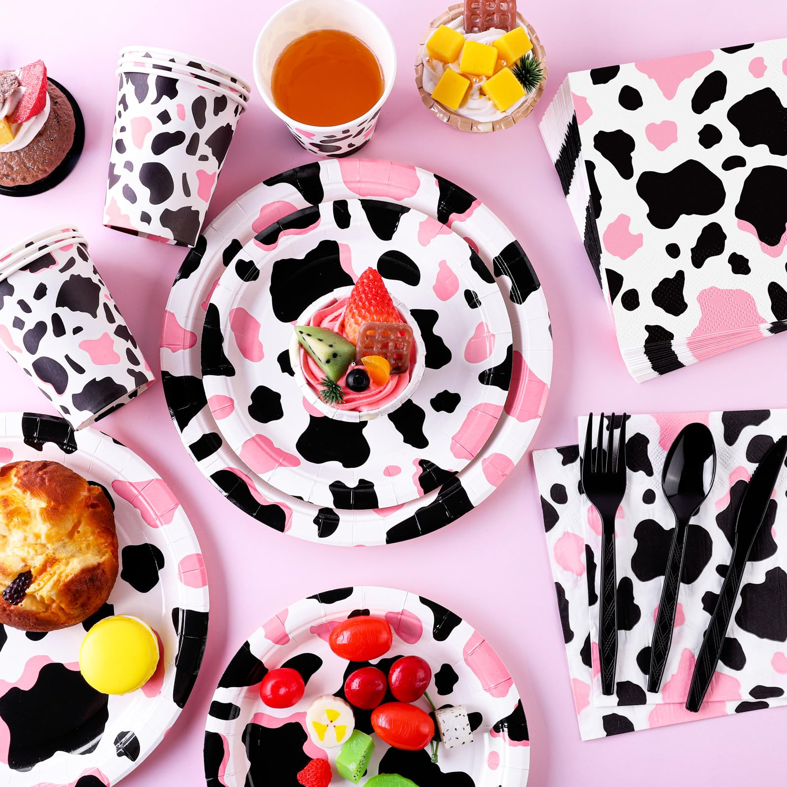 durony 350 Pieces Pink Cow Print Party Tableware Set Including Cowgirl Pink Cow Party Plates Cups Napkins Knives Forks Spoons Serves 50 for Baby Shower Farm Cow Party Decorations