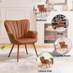 Yaheetech PU Leather Armchair, Modern Accent Chair with Metal Legs, Comfy Upholstered Barrel Chair for Living Room Bedroom Vanity Room, Brown