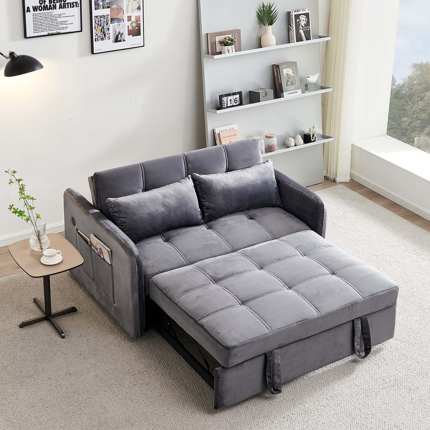 JEEOHEY Sleeper Sofa Couch,55.5" Modern 3-in-1 Tufted Velvet Convertible Pull Out Couch with USB, Adjustable Backrest Small Futon Loveseat Sofa Bed for Small Space Livingroom Apartment Office,Grey