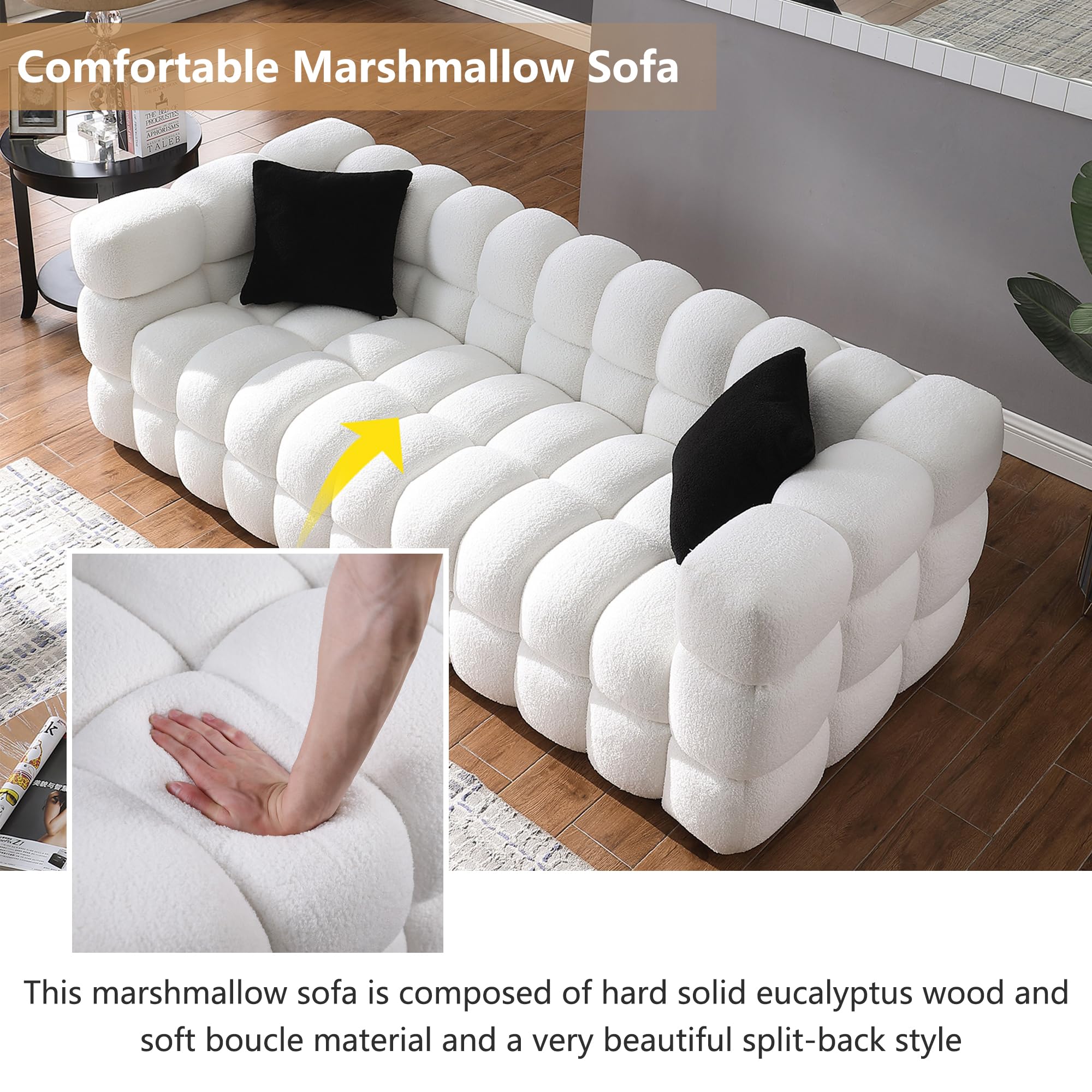 GNIXUU Cloud Sofa Large Couch, Modern Marshmallow Boucle Fabric Couches with Plastic Legs Upholstered Tufted 3 Seater Sofa with 2 Pillows for Living Room, Bedroom, Office, 84 Inch Wide(White)