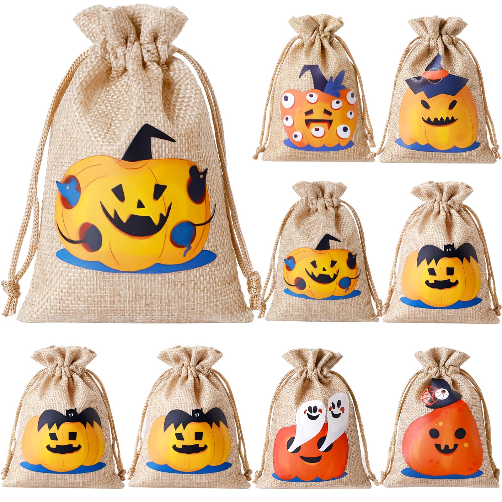 WenTao Halloween Burlap Gift Bags with Drawstrings, 24PCS Candy Pouch Halloween Treat Bags with Different Designs