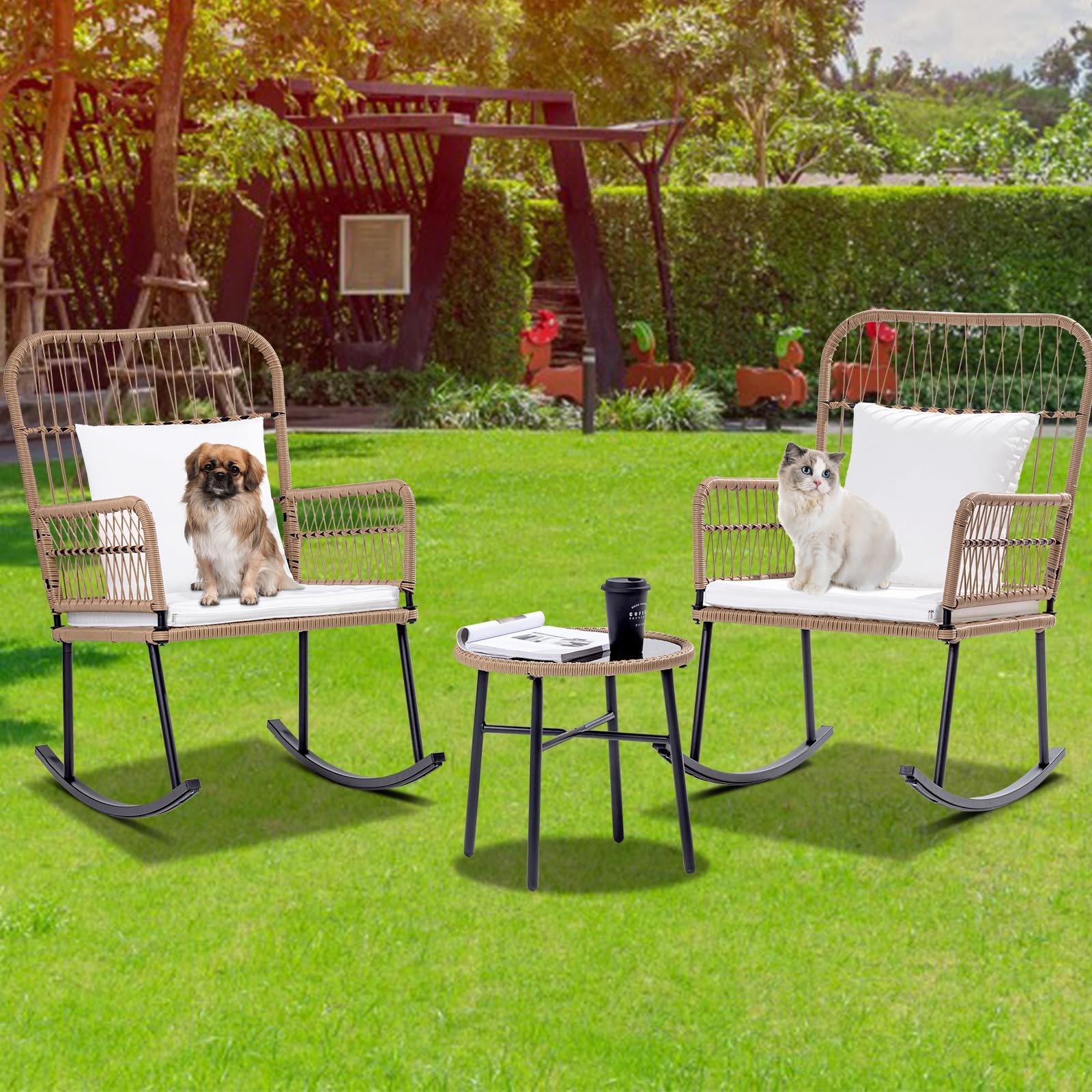 3-Pieces Patio Outdoor Rocking Chairs Set,Beige Wicker Patio Furniture Set Rattan Woven Blacony Furniture Set for Outdoor Indoor with Washable White Cushions and Glass Coffee Table