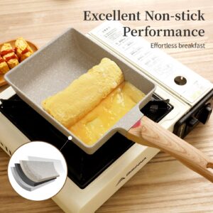 Innerwell Tamagoyaki Pan Japanese Omelette Pan - Nonstick Tamago Pan, Rectangle Egg Frying Pan, Omelet Pan with Spatula & Whisk, Wooden Handle, PFOS & PFOA Free, Oven & Dishwasher Safe