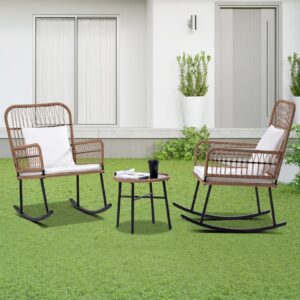 3-Pieces Patio Outdoor Rocking Chairs Set,Beige Wicker Patio Furniture Set Rattan Woven Blacony Furniture Set for Outdoor Indoor with Washable White Cushions and Glass Coffee Table