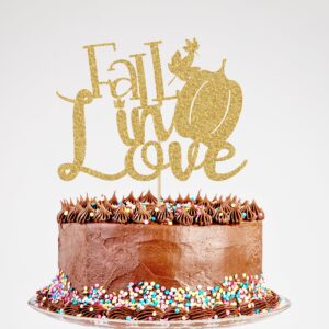 glitter fall in love cake topper - autumn happy anniversary cake topper, pumpkin wedding engagement bridal shower party decorations gold