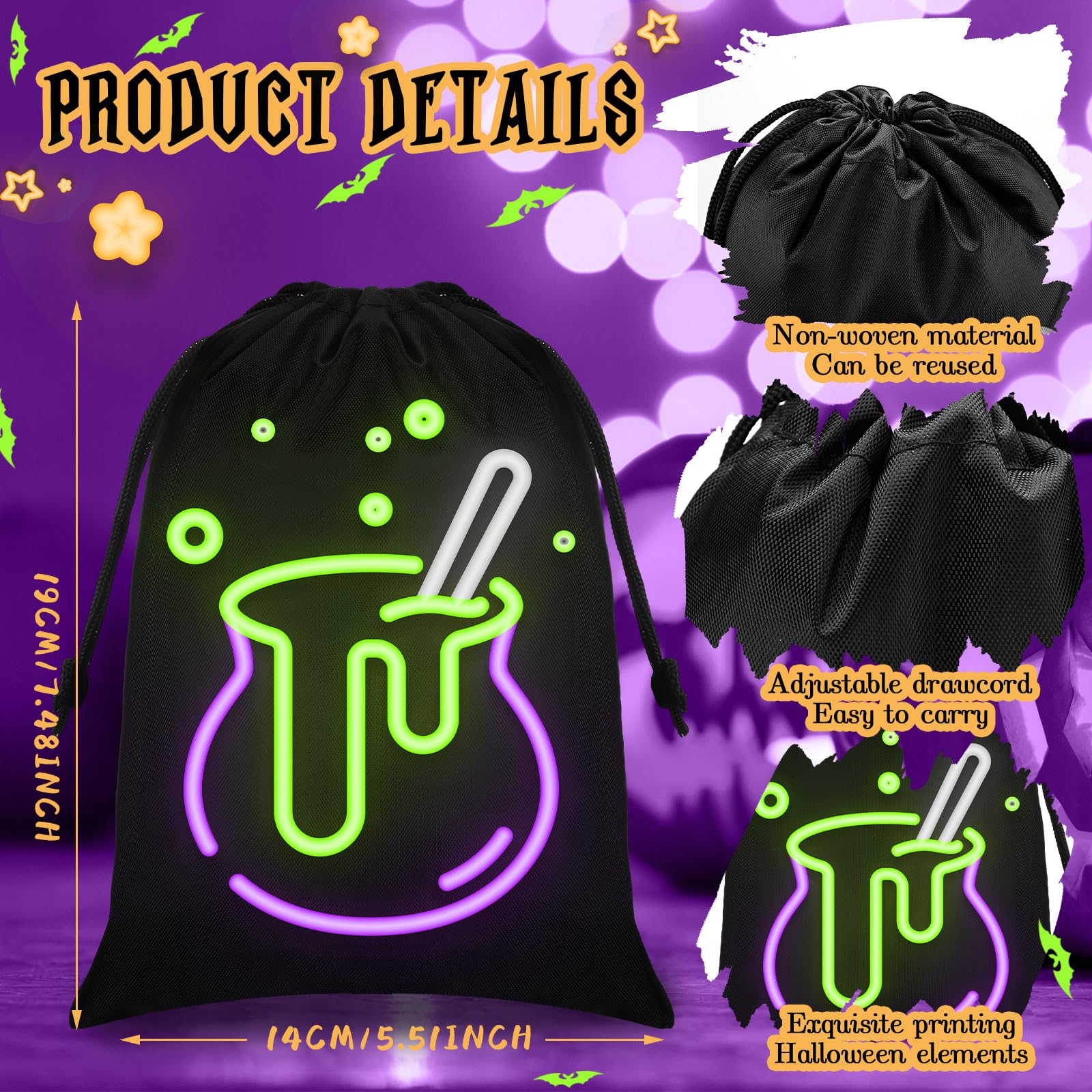 Liliful 36 Pcs Halloween Drawstring Treat Bags, 5.51" x 7.48" Black Cloth Small Shining Halloween Goodie Candy Gift Bags Bulk for Trick or Treat Halloween Party Favors Goodies Decorations Supplies