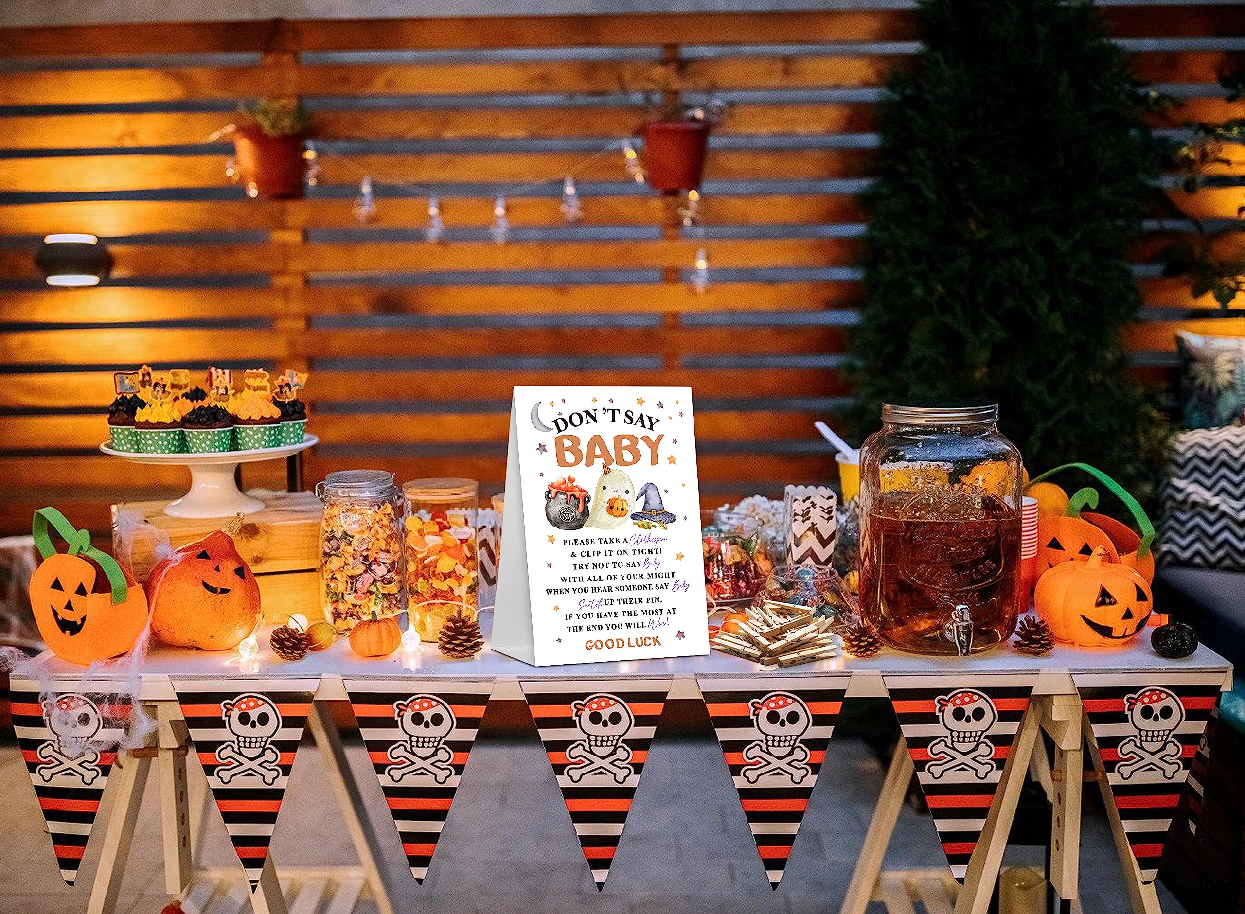 Don't Say Baby Game, Ghost Witch Pumpkin Halloween Baby Shower Game Include Baby Shower Sign and 50 Pcs Mini Clothespins, Gender Neutral Baby Shower Decoration, Party Favors Supplies-LF4