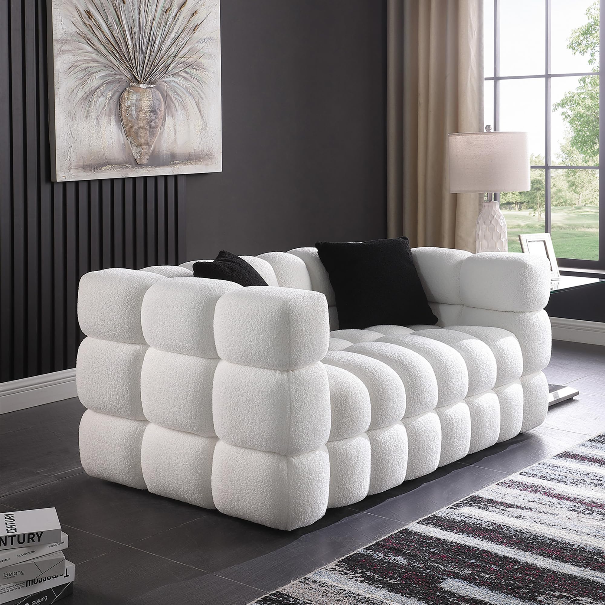 GNIXUU Cloud Sofa Couch, Modern Marshmallow Boucle Fabric Couches with Plastic Legs Upholstered Tufted Loveseat Sofa with 2 Pillows for Living Room, Bedroom, Office, 62 Inch Wide(White)