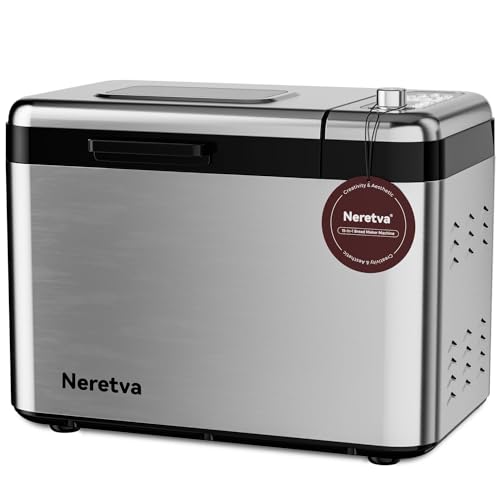 Neretva Bread Maker, 3.3LB Larger Bread Machine 15-in-1 Stainless Steel & Nonstick Ceramic Pan & Auto Nut Dispenser Bread Maker Machine Full Touch Panel with Gluten Free White Wheat Rye French Pizza