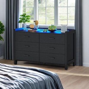 EPHEX Dresser for Bedroom, 6 Drawer Double Dresser with LED Lights, Wood Chest of Drawers, Modern Storage Dresser for Bedroom, Black