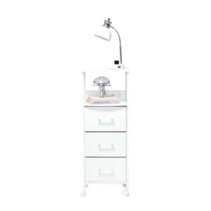 dormify charging 3-drawer cart on wheels | 1 outlet & 2 usb ports | fabric drawers | nightstand | closet dresser | white with clear handles | storage for small spaces | dorm room essentials