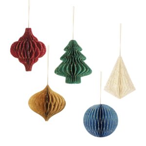 nicrohome christmas party decorations, 5 pcs mini glitter edge paper honeycomb ornament, white yellow blue red, and green hanging paper ornament for vintage christmas tree decorations