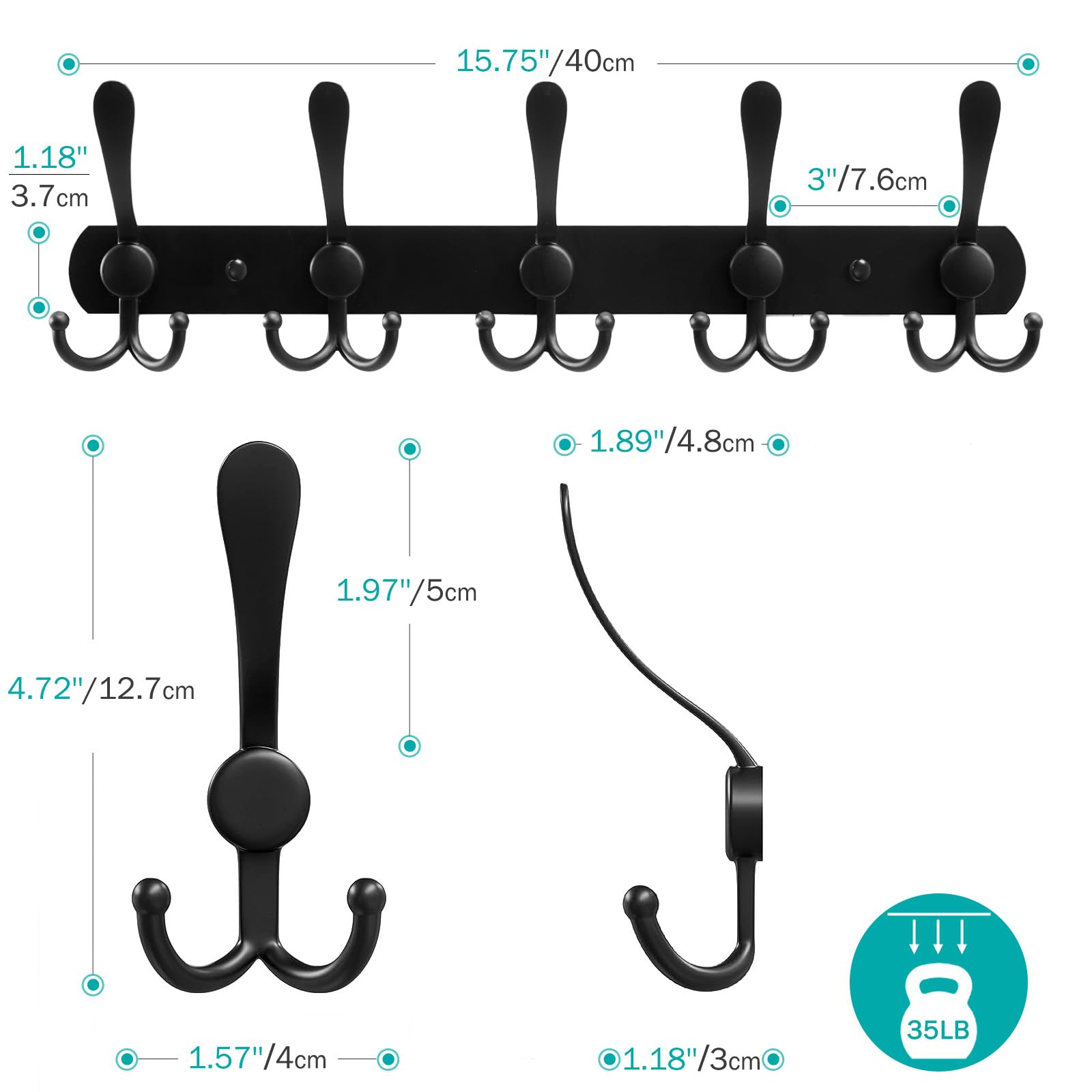 YOUDENOVA Wall Mount Coat Hook, Metal Coat Hanger for Hanging Clothes, Black Wall Coat Hooks for Bedroom, Kitchen, Bathroom, Black