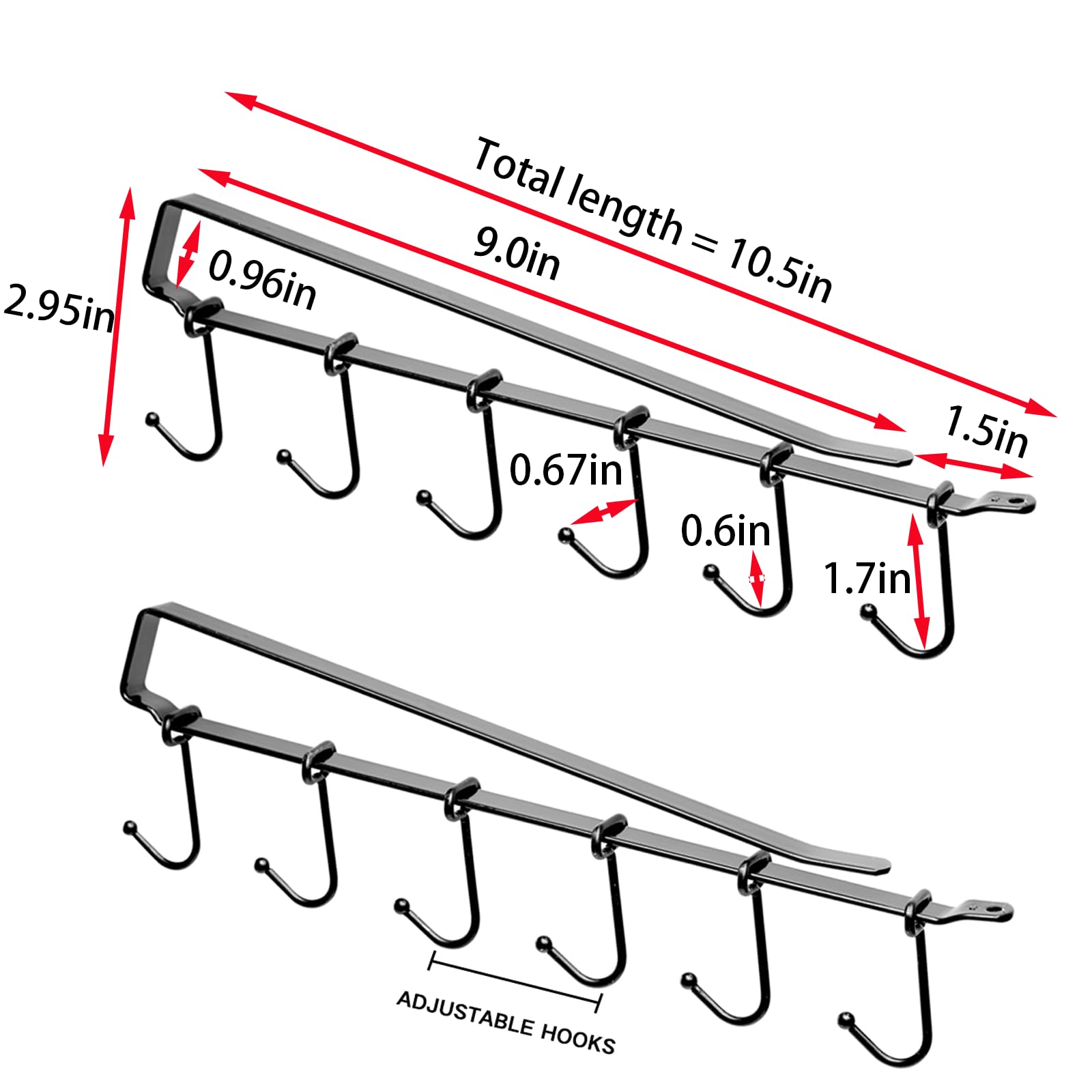 XILAOTOU Mug Rack Under Cabinet - Coffee Cup Holder, Each Bracket is Equipped with 6 and Adjustable Position of The Hook, Display Hanging Cups Drying Hook for Bar Kitchen Utensils Black 2 Sets