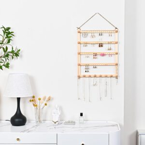 Lolalet Hanging Jewelry Organizer, 5-Tier Wooden Earring Wall Holder Jewelry Display Rack for Earrings Dangles Necklaces Bracelets -Natural