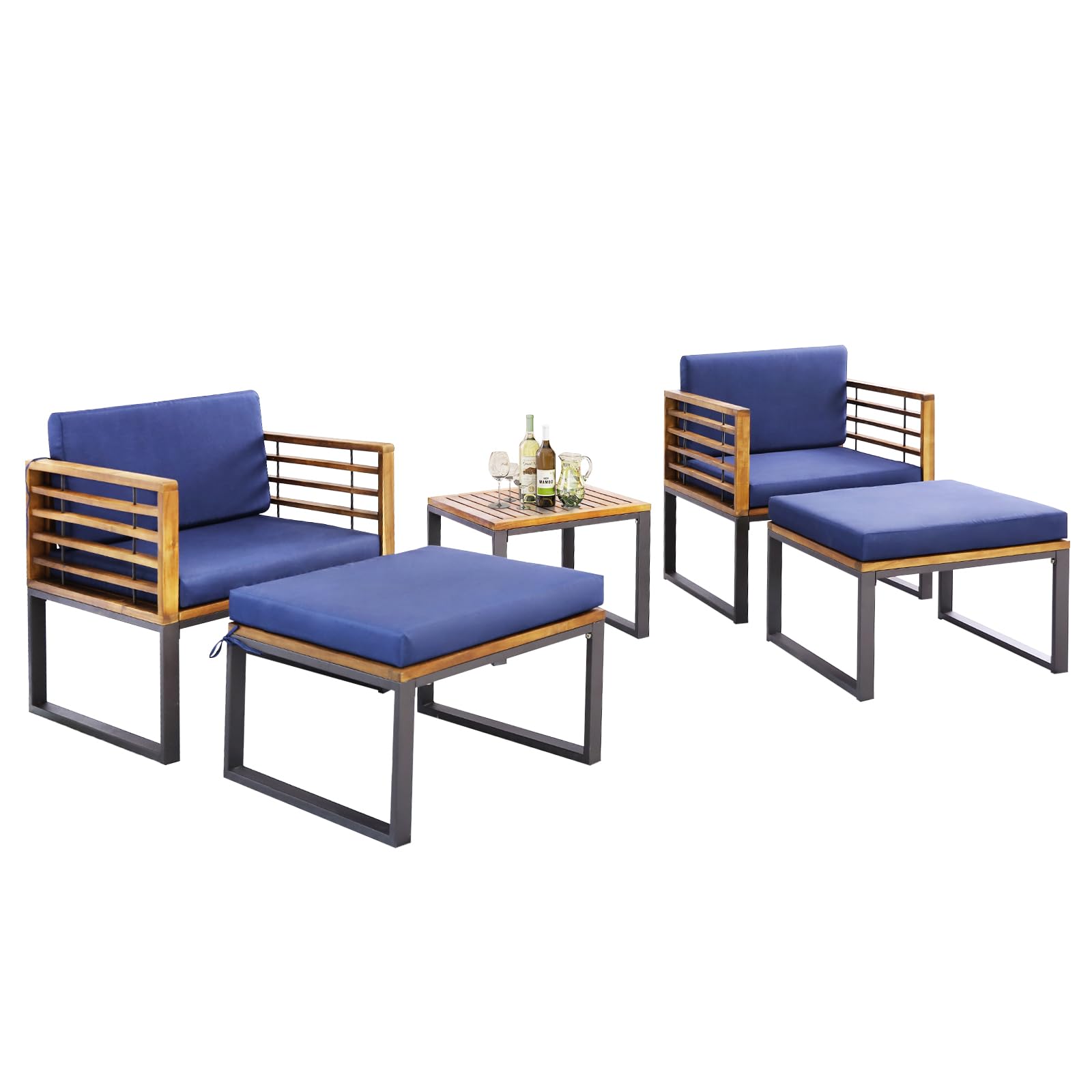 Tangkula 5 Piece Patio Chair Set, Acacia Wood Chair Set w/Ottomans & Coffee Table, Soft Seat & Back Cushions, Outdoor Wood Furniture Set for Backyard, Poolside, Garden