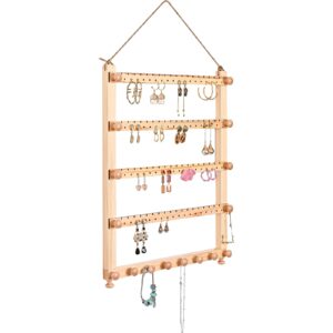 lolalet hanging jewelry organizer, 5-tier wooden earring wall holder jewelry display rack for earrings dangles necklaces bracelets -natural