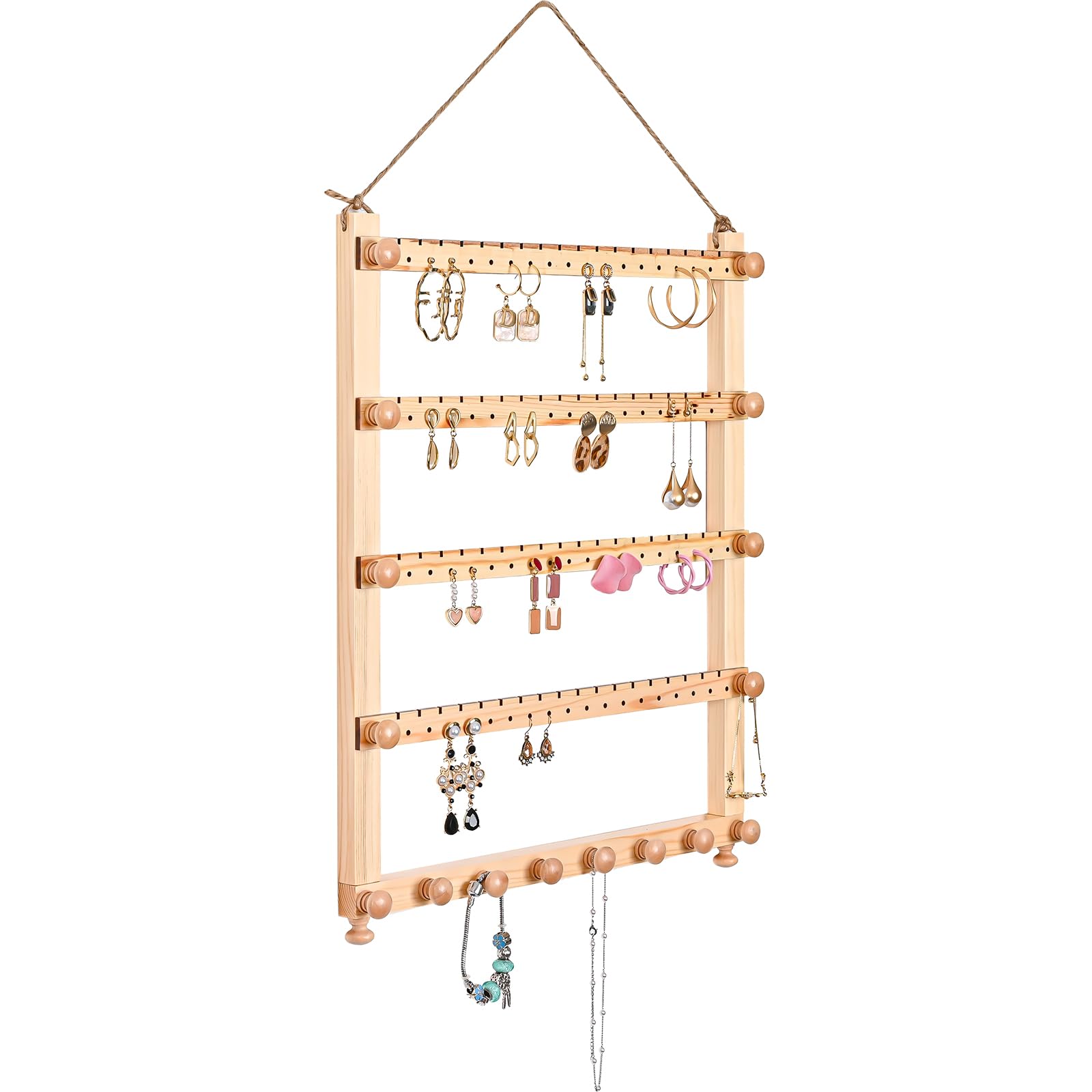 Lolalet Hanging Jewelry Organizer, 5-Tier Wooden Earring Wall Holder Jewelry Display Rack for Earrings Dangles Necklaces Bracelets -Natural